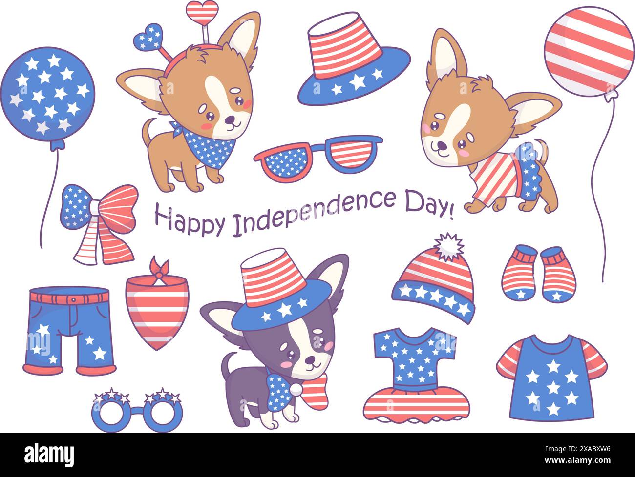 Independence Day set. Cute festive dogs chihuahua with patriotic ...