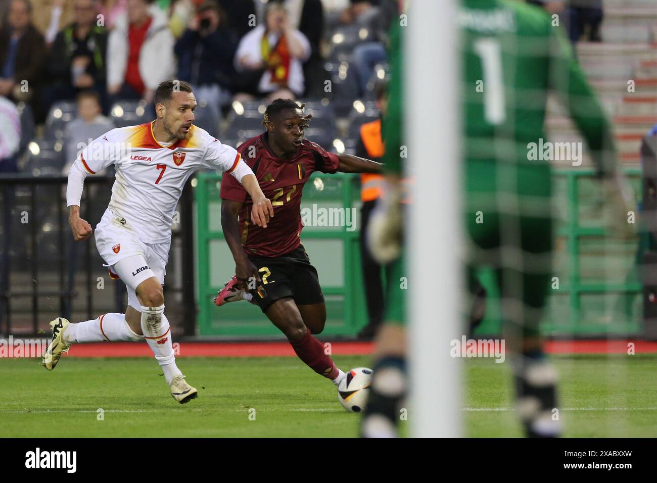 Brussels, Belgium. 5th June, 2024. Jeremy Doku (R) of Belgium vies with ...