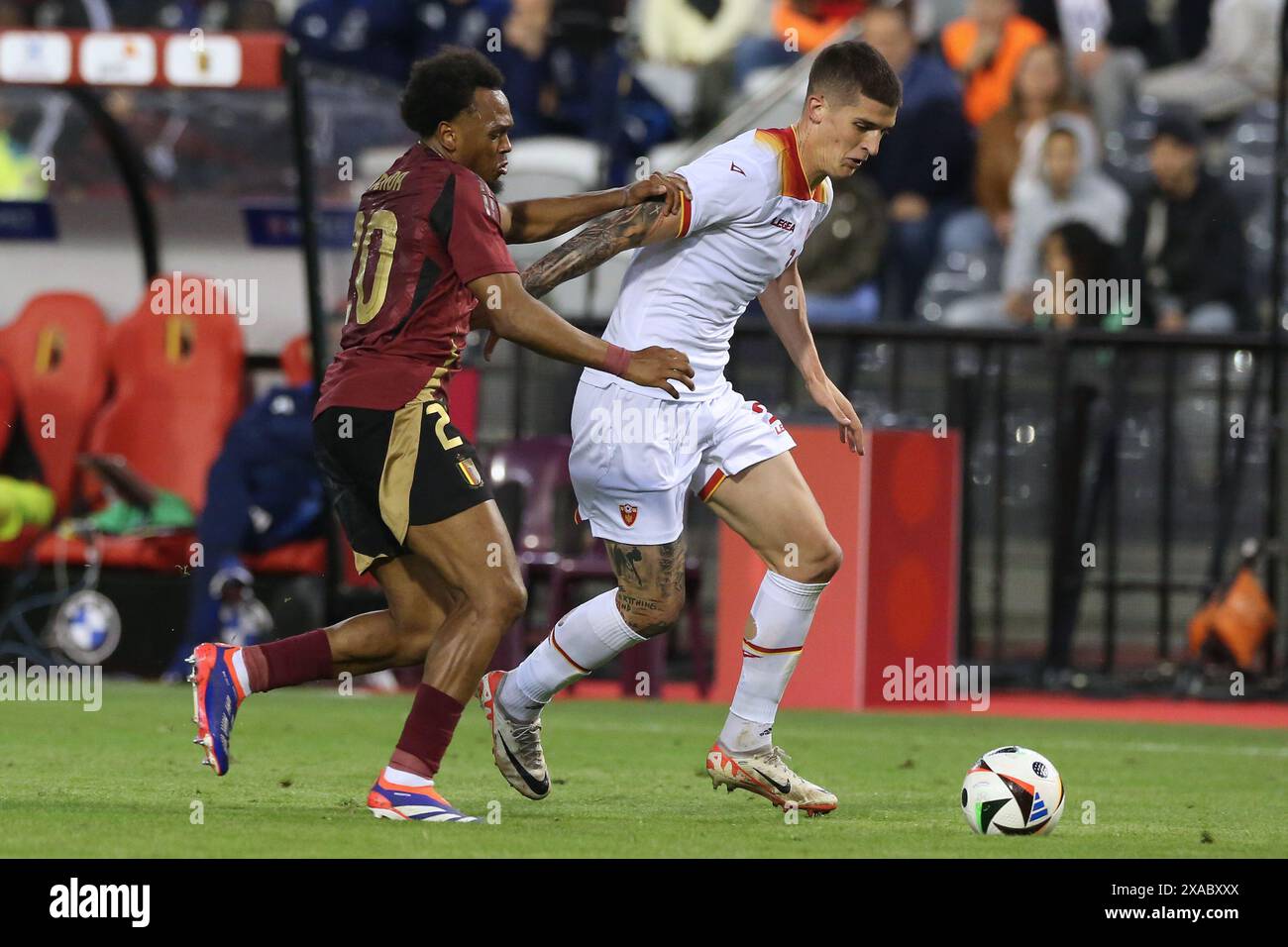 Brussels, Belgium. 5th June, 2024. Lois Openda (L) of Belgium vies with ...