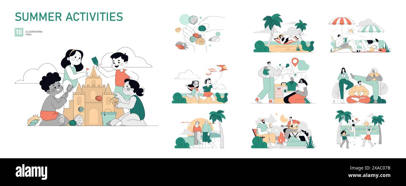 Summer Activities set. People enjoying beach, nature, and outdoor ...
