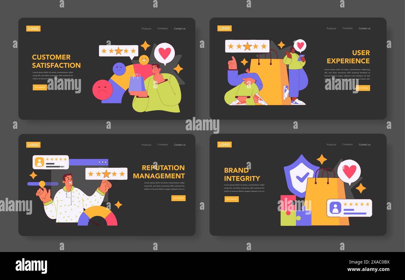 Brand Trust set. Illustrating customer satisfaction, user experience, reputation management, and ...