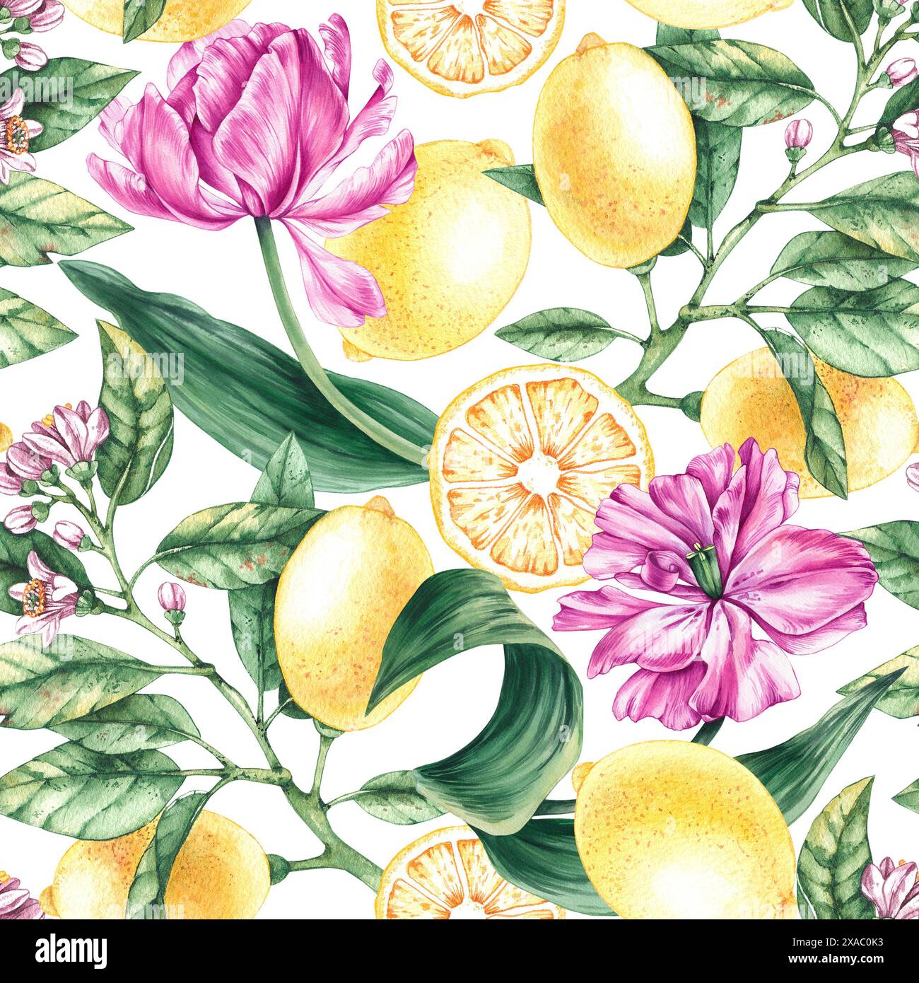 Watercolor lemon tulip flower pattern. Lemon pattern. Tulip pattern ...
