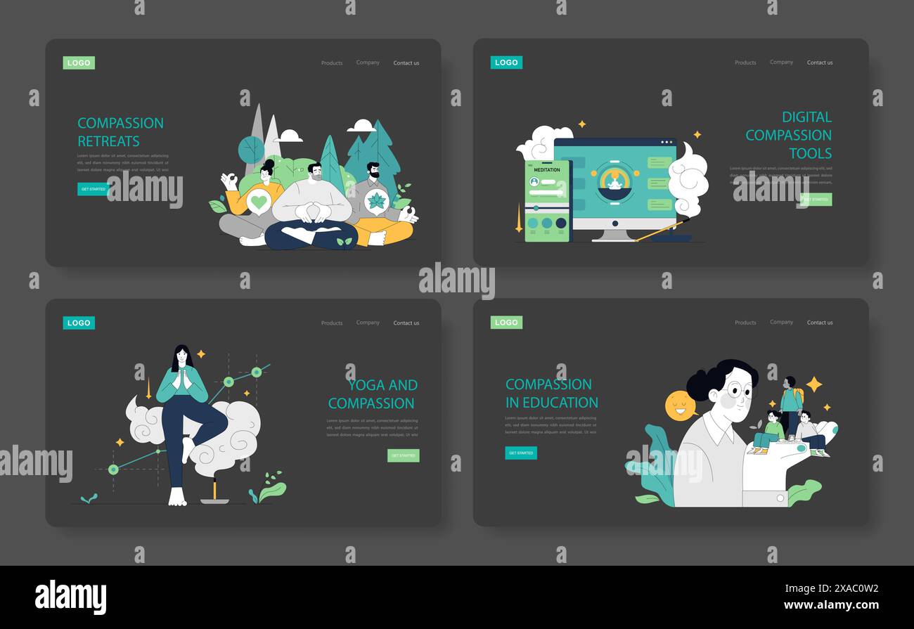 Compassion Focused Therapy set. Illustrates wellness retreats, digital ...