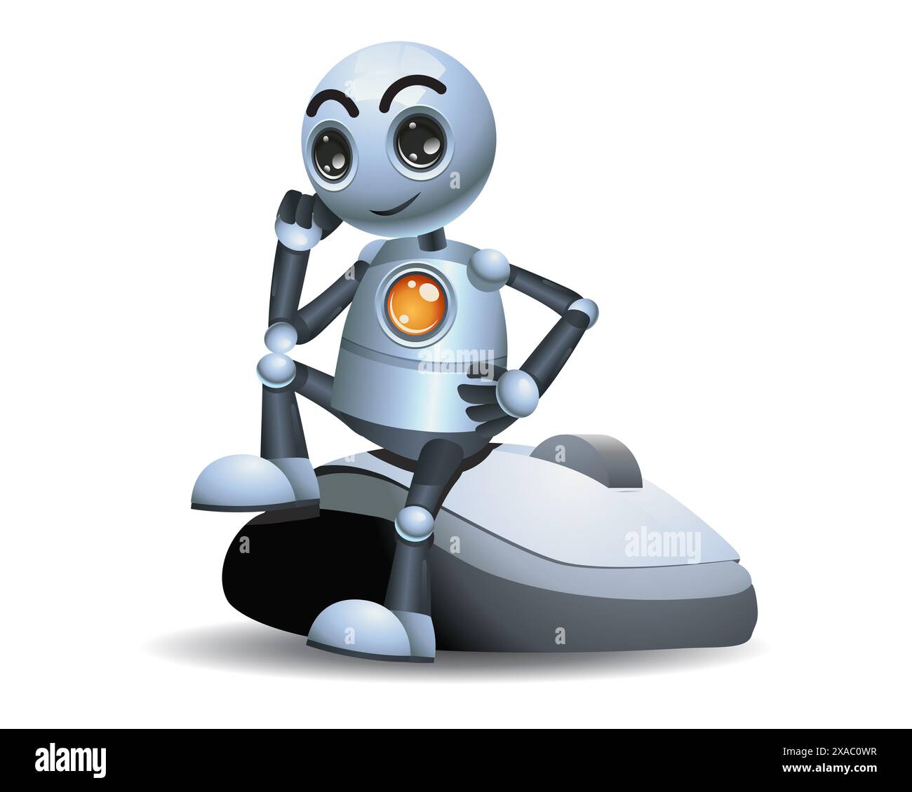 3D illustration of a little robot sit on mouse symbol on isolated white ...