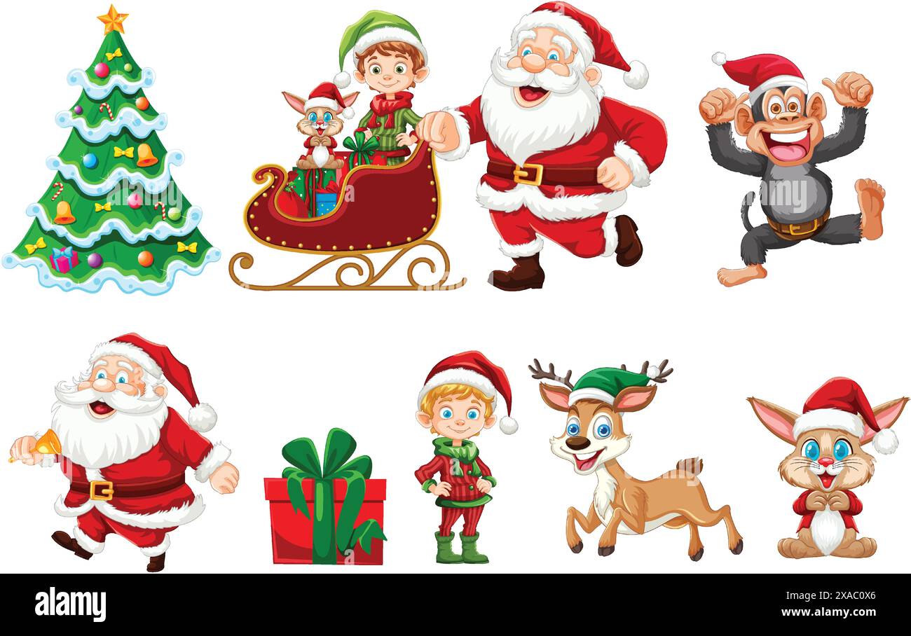 Santa, elves, reindeer, and Christmas tree illustration Stock Vector ...