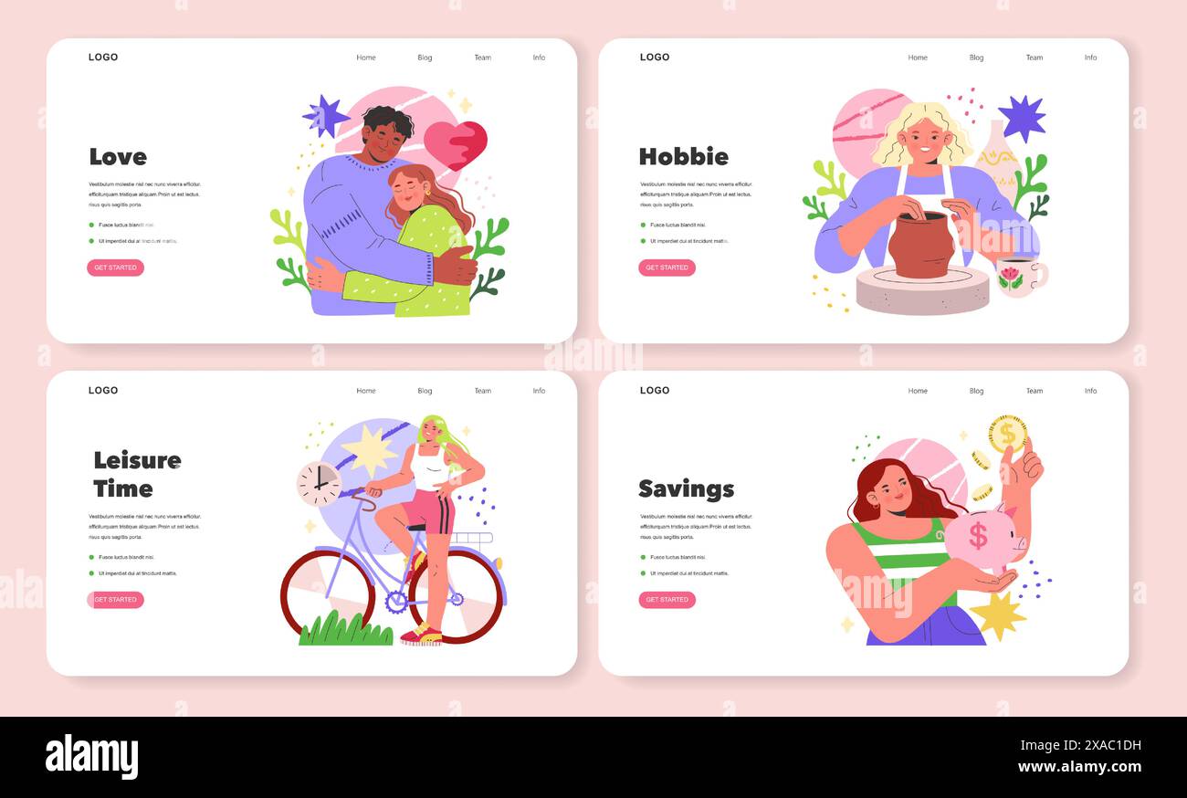 Lifestyle balance set. Four scenes depicting love, hobbies, leisure ...