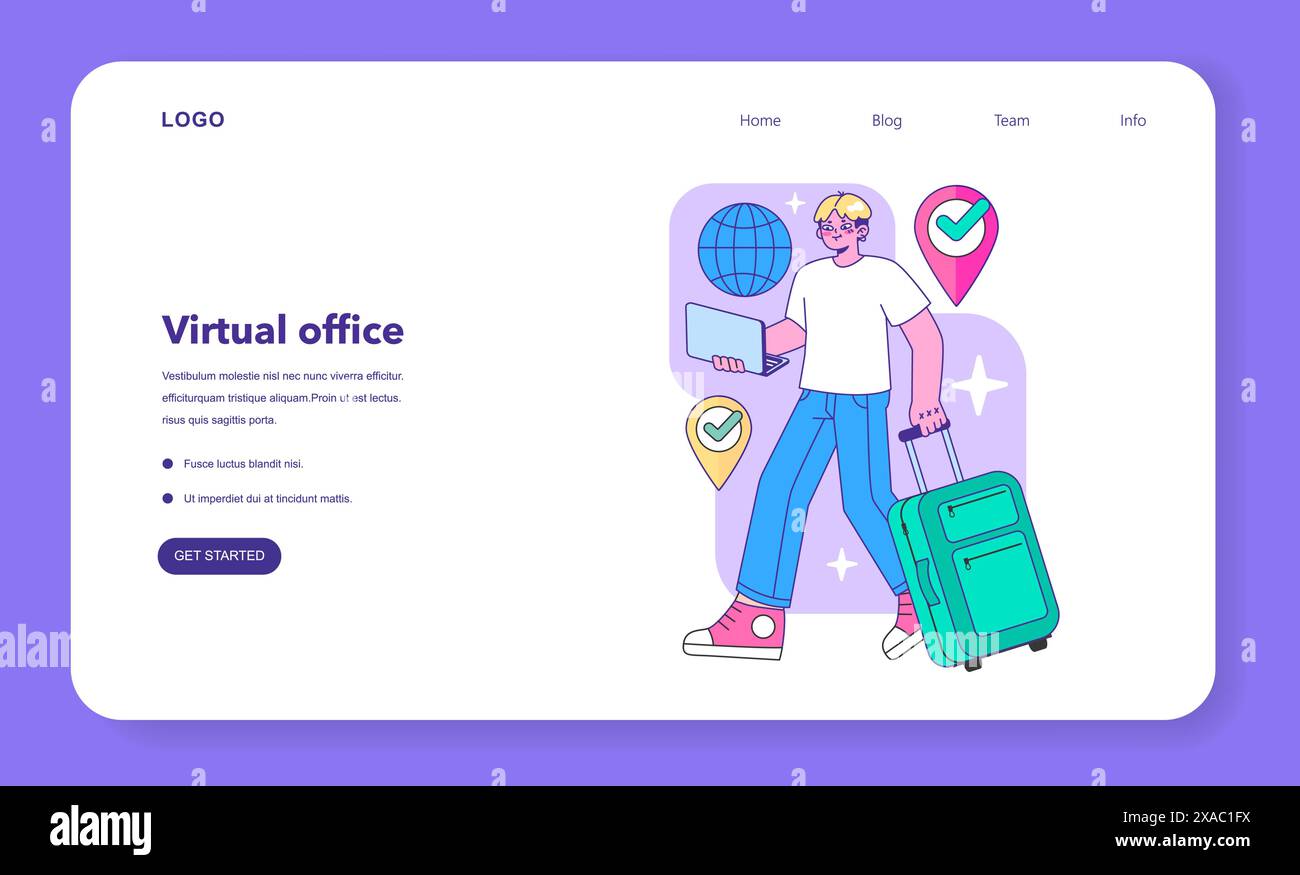 Confident traveler strides forward, laptop in hand and suitcase rolling ...