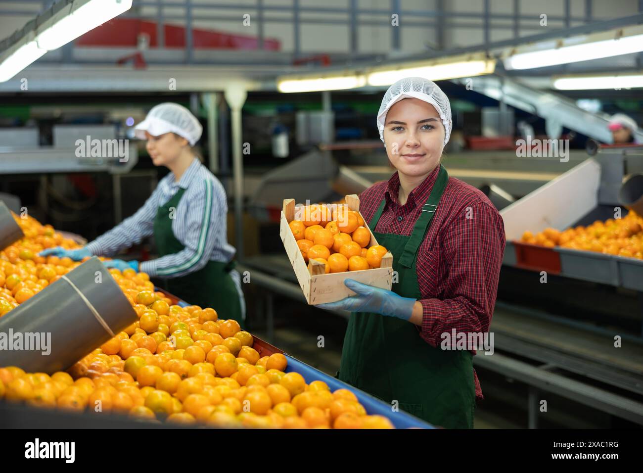 Glad positive female employee in colored uniforms hold a box of fresh ...