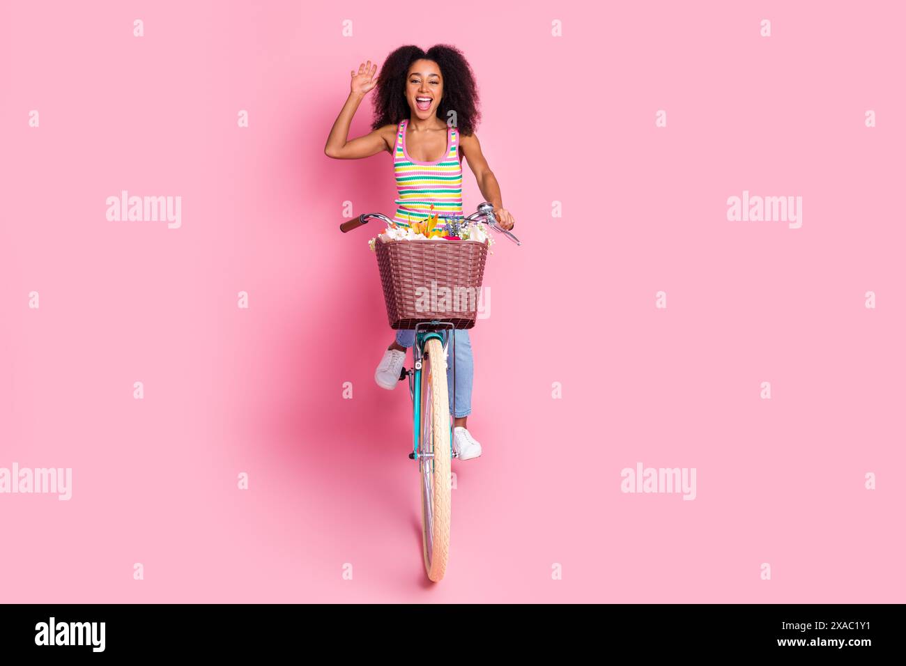 Full length photo of cheerful cool lady dressed striped tank top waving ...