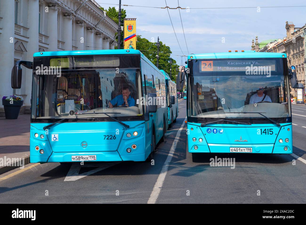 SAINT PETERSBURG, RUSSIA - JUNE 02, 2024: Two city buses on Nevsky ...