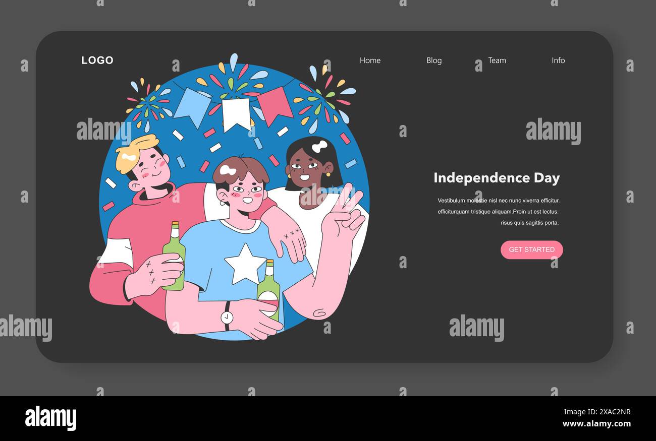 Independence Day web or landing set. Cheerful friends enjoy fireworks ...
