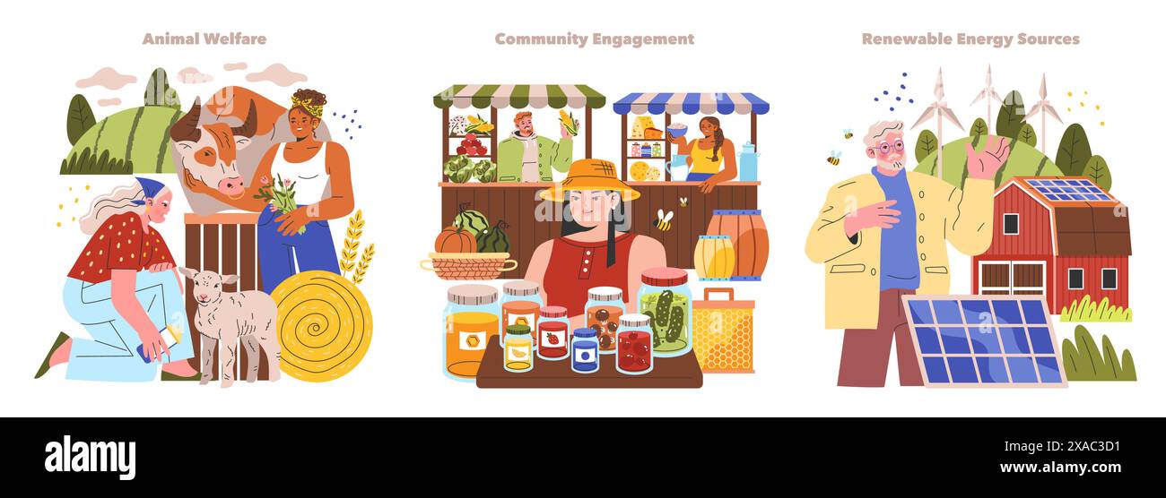 Farm Life set. Caring for livestock, local market trade, and harnessing ...