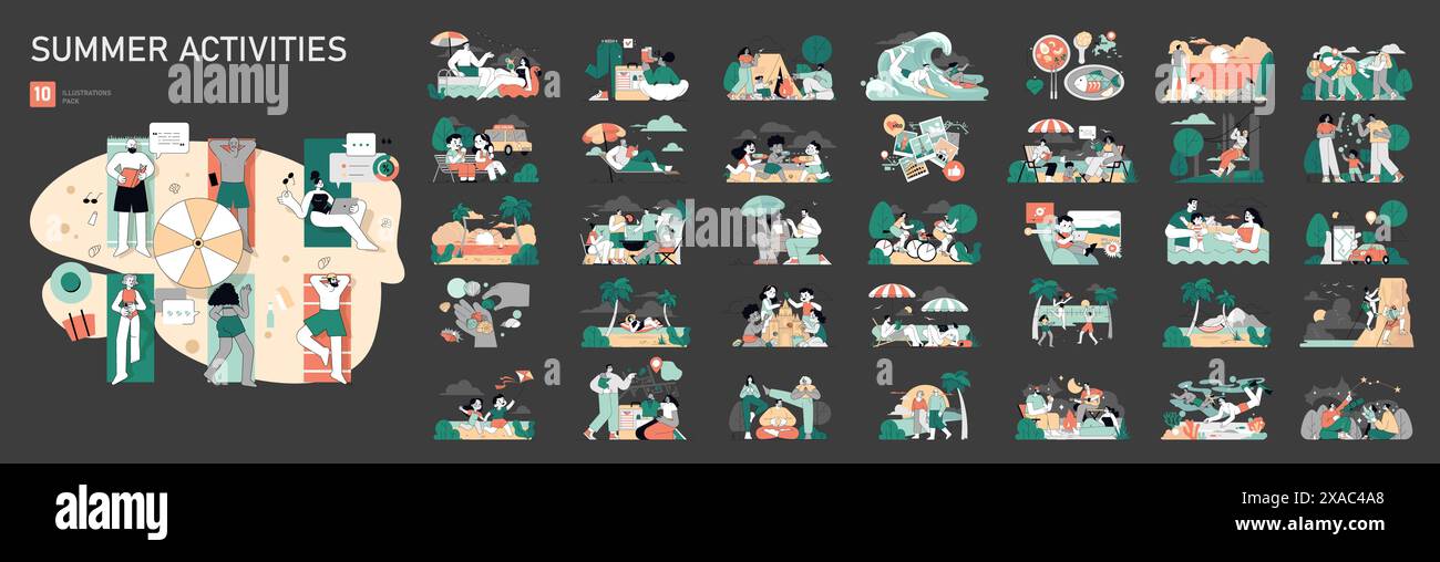 Summer Activities set. A collection of scenes depicting diverse outdoor ...