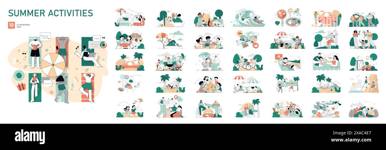 Summer Activities set. People enjoying diverse outdoor leisure activities on sunny days. Beach ...