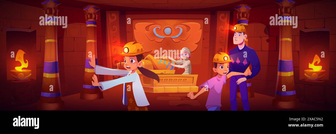 Frightened children run out of Egyptian temple room where mummy in ...