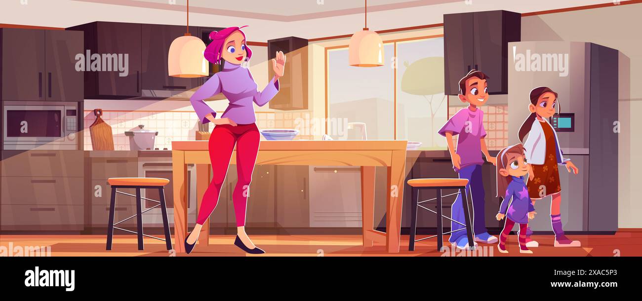 Children walk away from kitchen and mother waving hand and saying ...