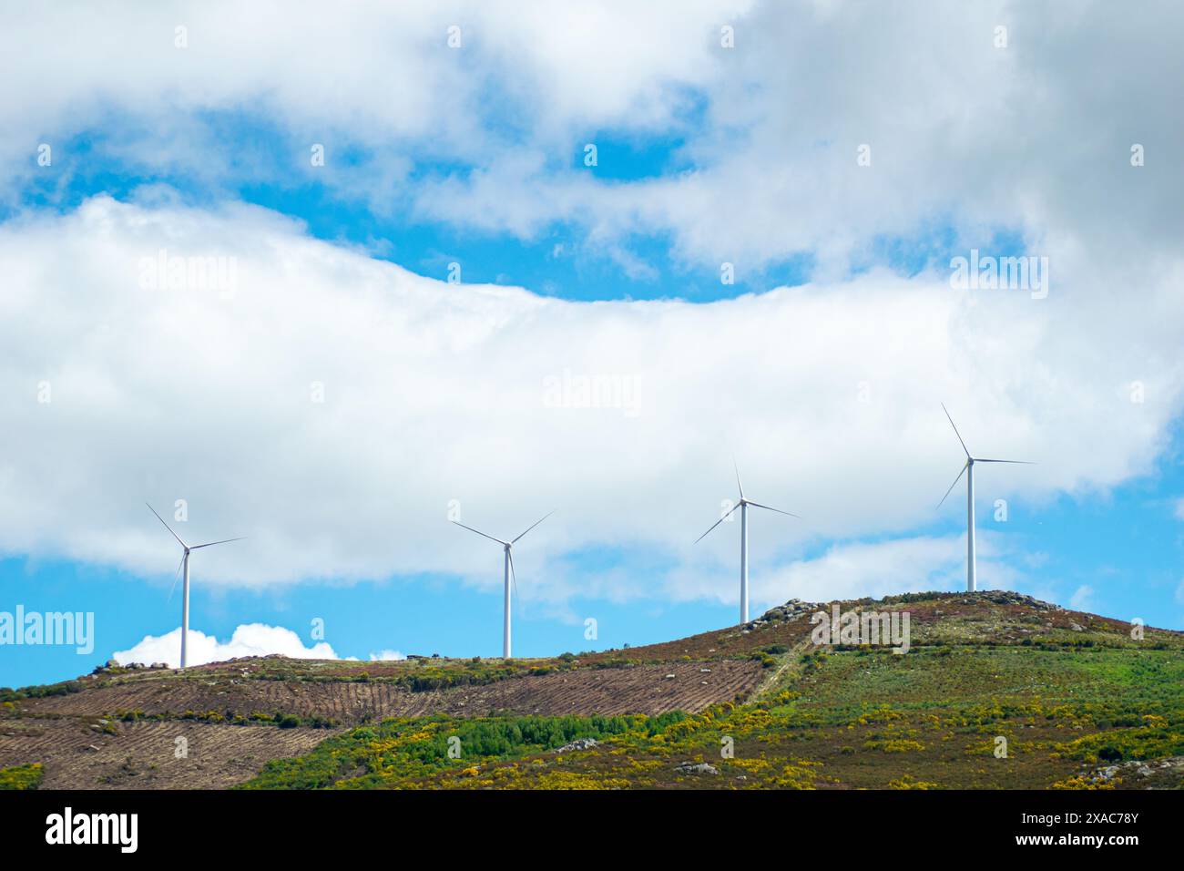 four windmills in a mountain wind farm in springtime, blue sky with ...
