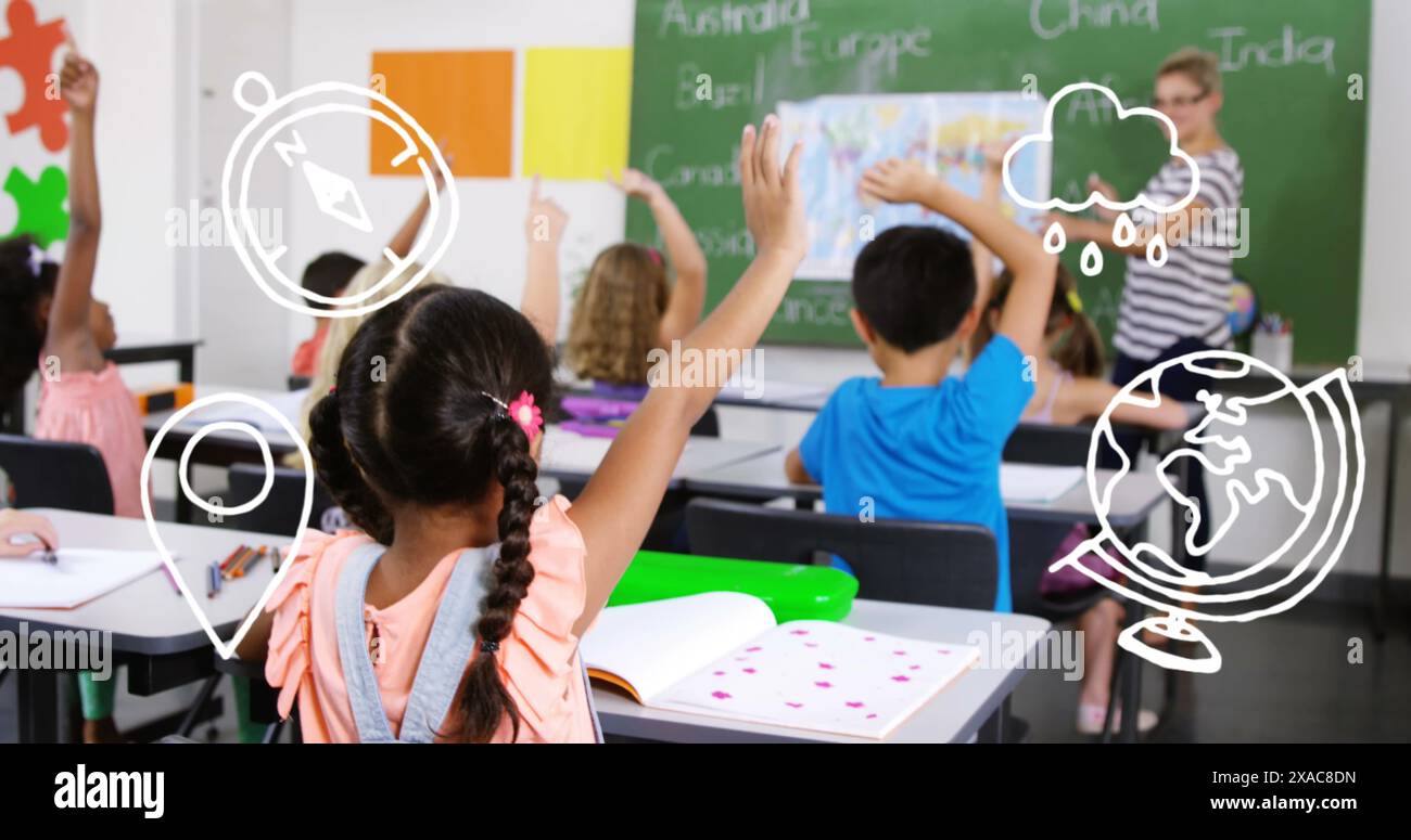 Image of school items icons over students and teacher in classroom ...