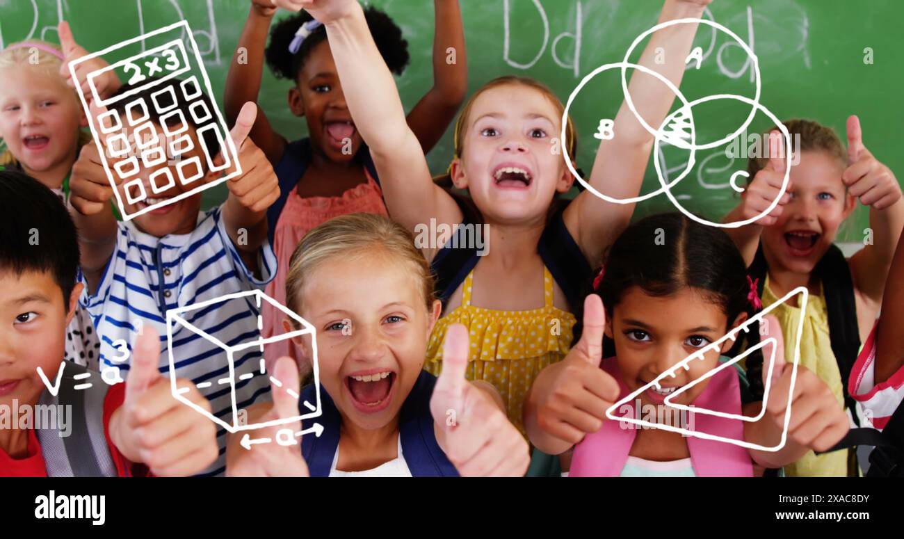 Image of mathematics concept icons against diverse students showing ...