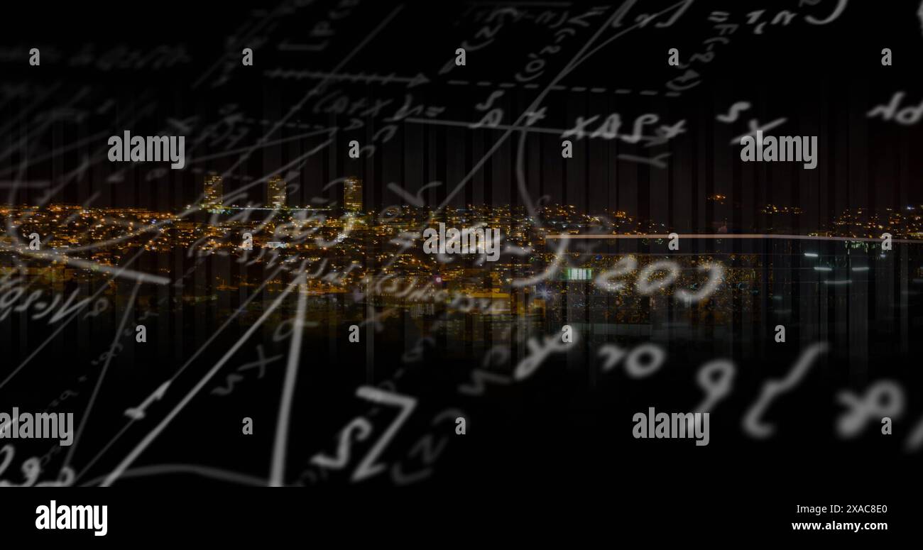 Image of mathematical formulas over cityscape Stock Photo - Alamy