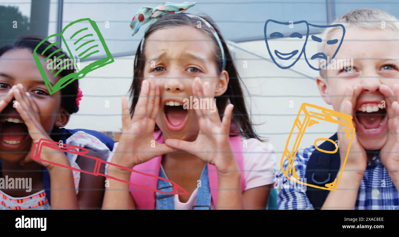 Image of school concept icons against diverse students screaming on ...