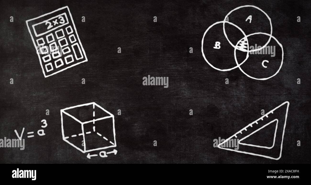 Image of multiple mathematics concept icons against blackboard. back to ...