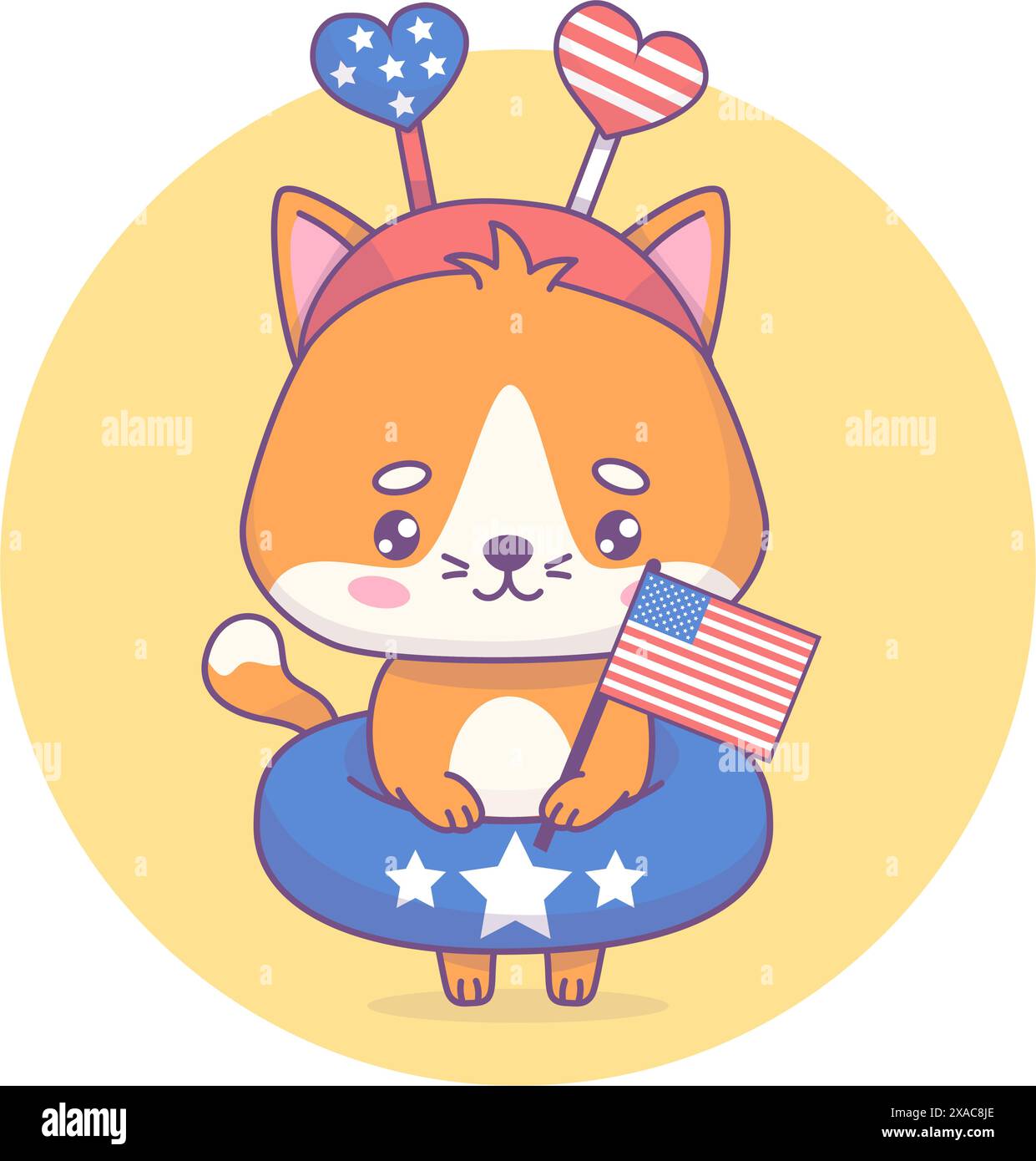 Playful patriotic cat with rubber circle and American flag. Funny ...