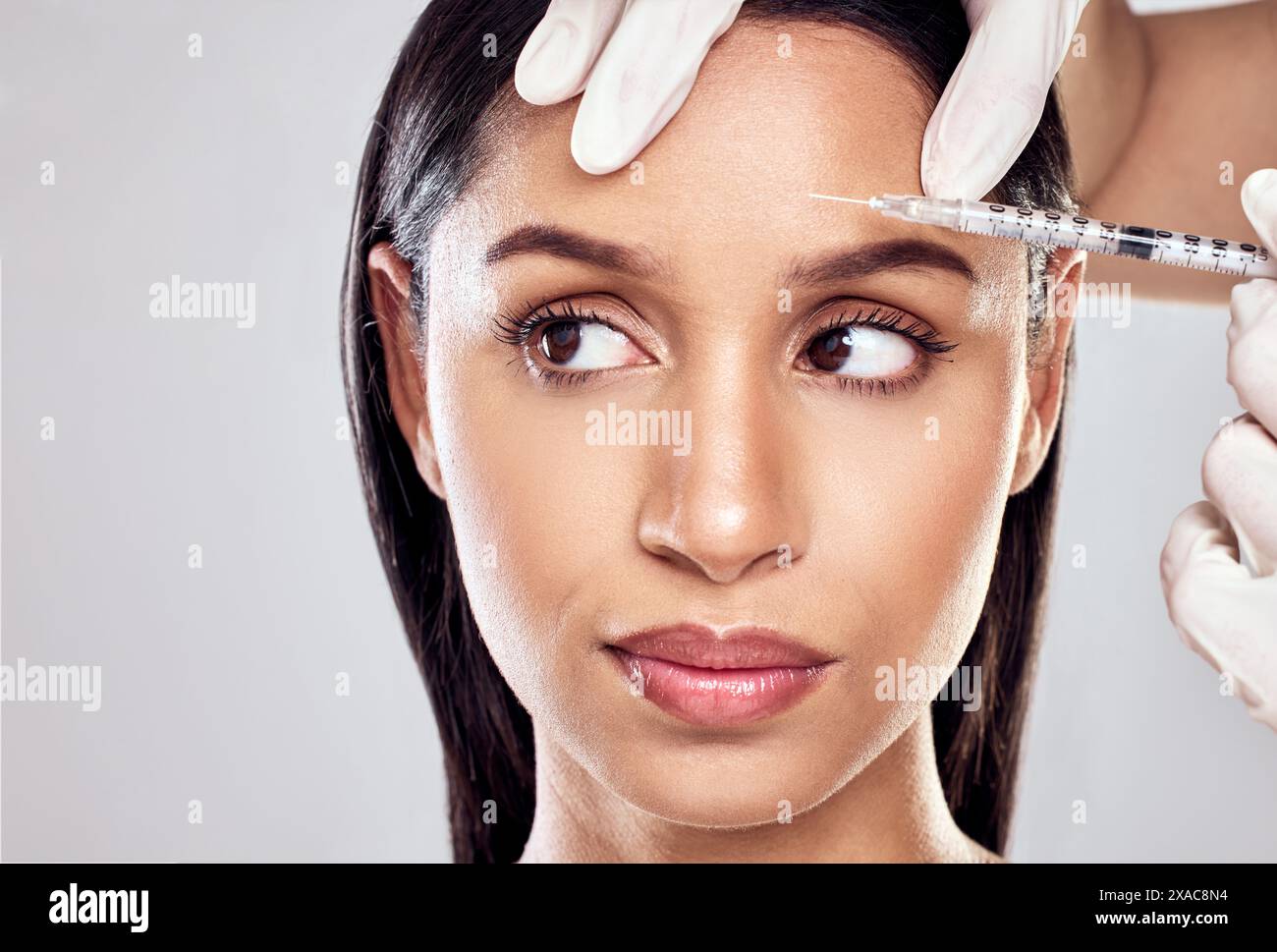Hand, needle and woman in studio for plastic surgery with beauty ...