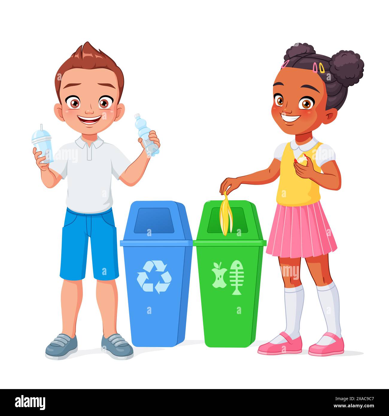 Kids throwing plastic and organic waste in separate trash bins with ...