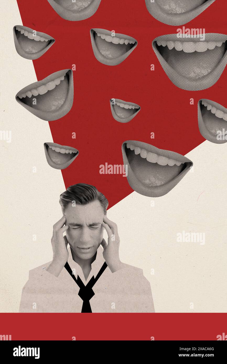 Composite collage image of sad unhappy man laughing mouth bullying ...
