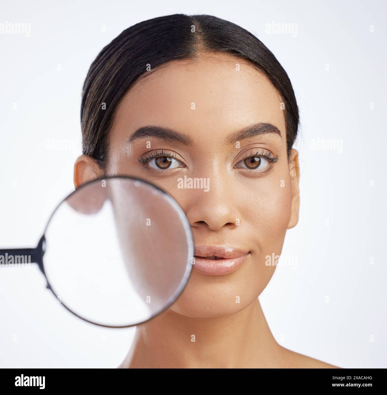 Beauty, portrait and woman with magnifying glass in studio for skin ...
