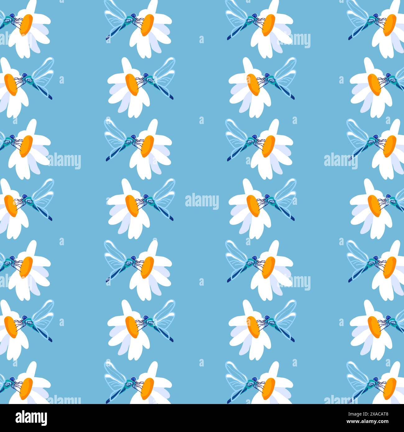 Summer background daisy dragonfly Blue seamless pattern spring white ...