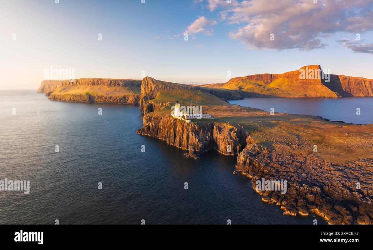 Panoramic and Aerial view during sunset at Neist Point lighthouse, Isle ...