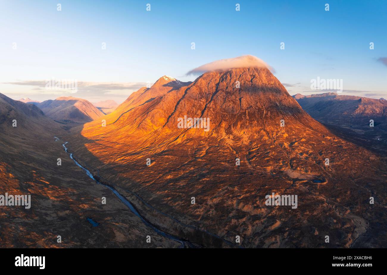 Aerial view of Buachaille Etive Mòr at sunrise, Glencoe, Highlands ...
