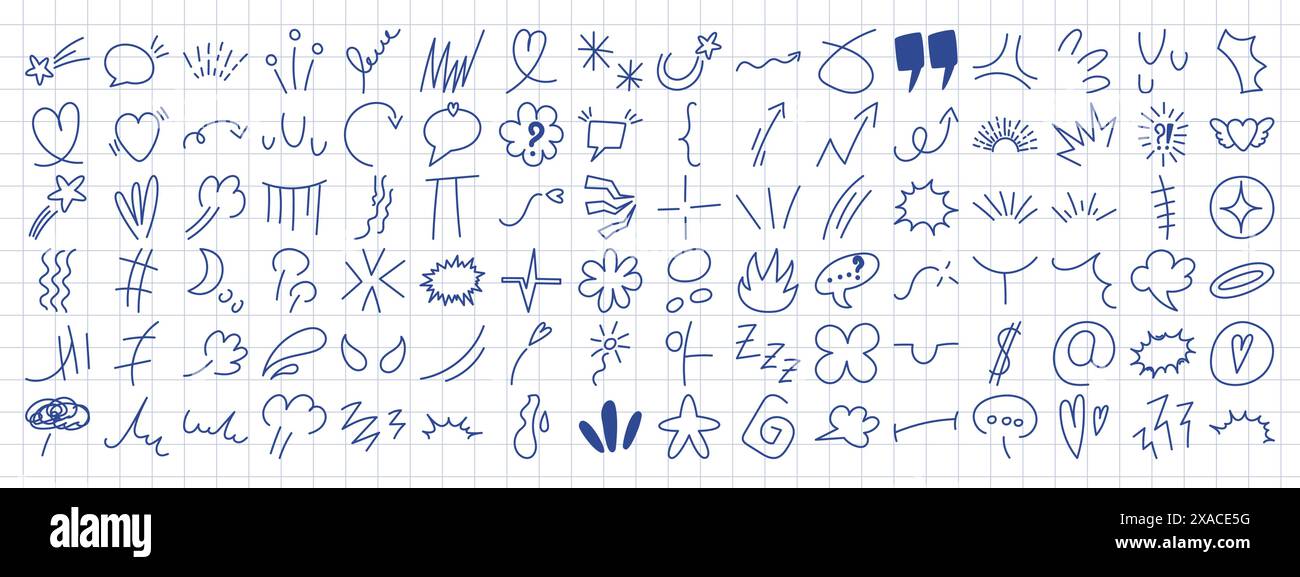 Set of anime emotion effects on checkered sheet. Manga collection of ...