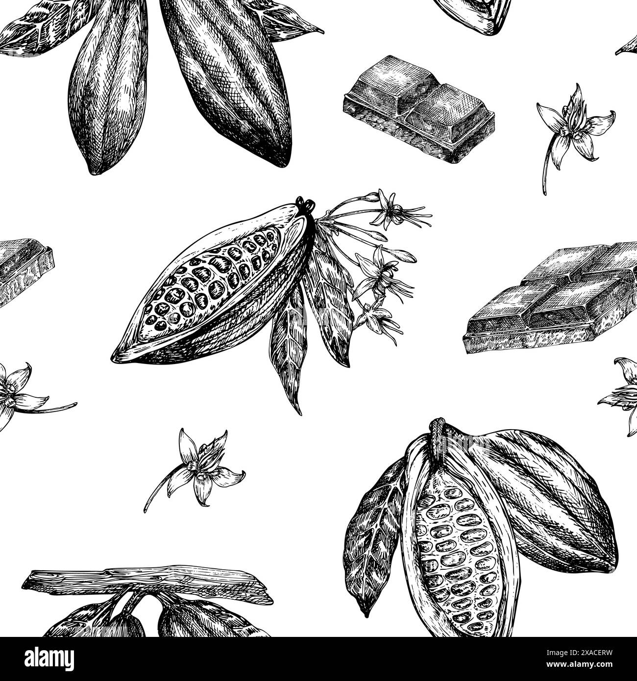 Seamless pattern with cocoa fruit and chocolate graphic illustration ...