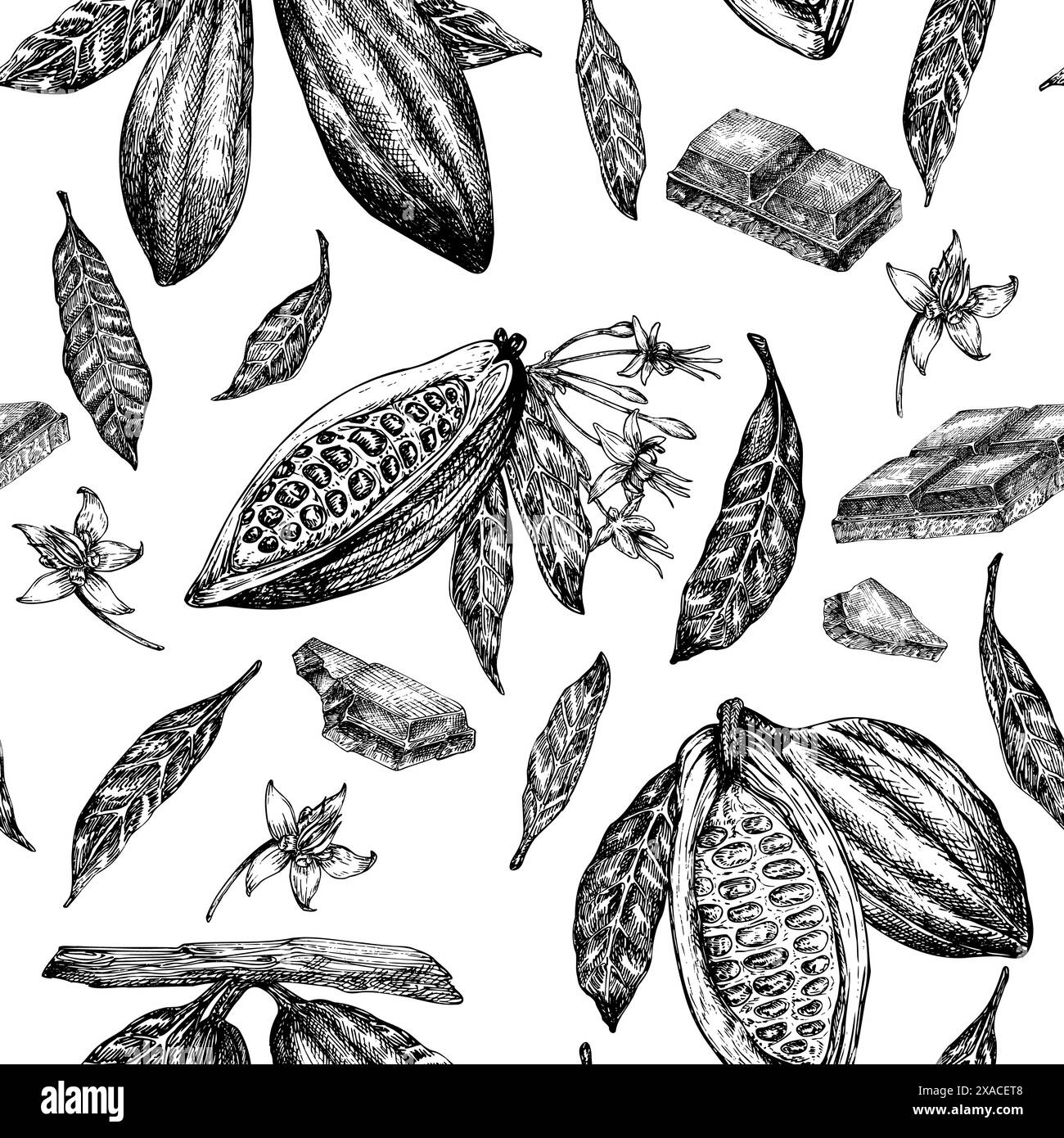 Seamless pattern with cocoa fruit and chocolate graphic illustration ...