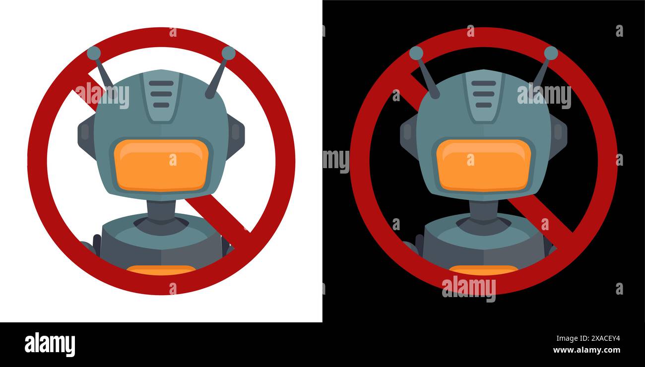 Set of vector cartoon robots in prohibition sign on white and black ...