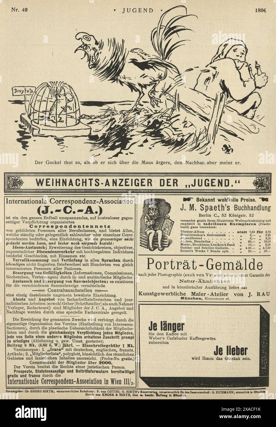 Cartoon about the Dreyfus affair in Fance, French rooster annoyed with ...