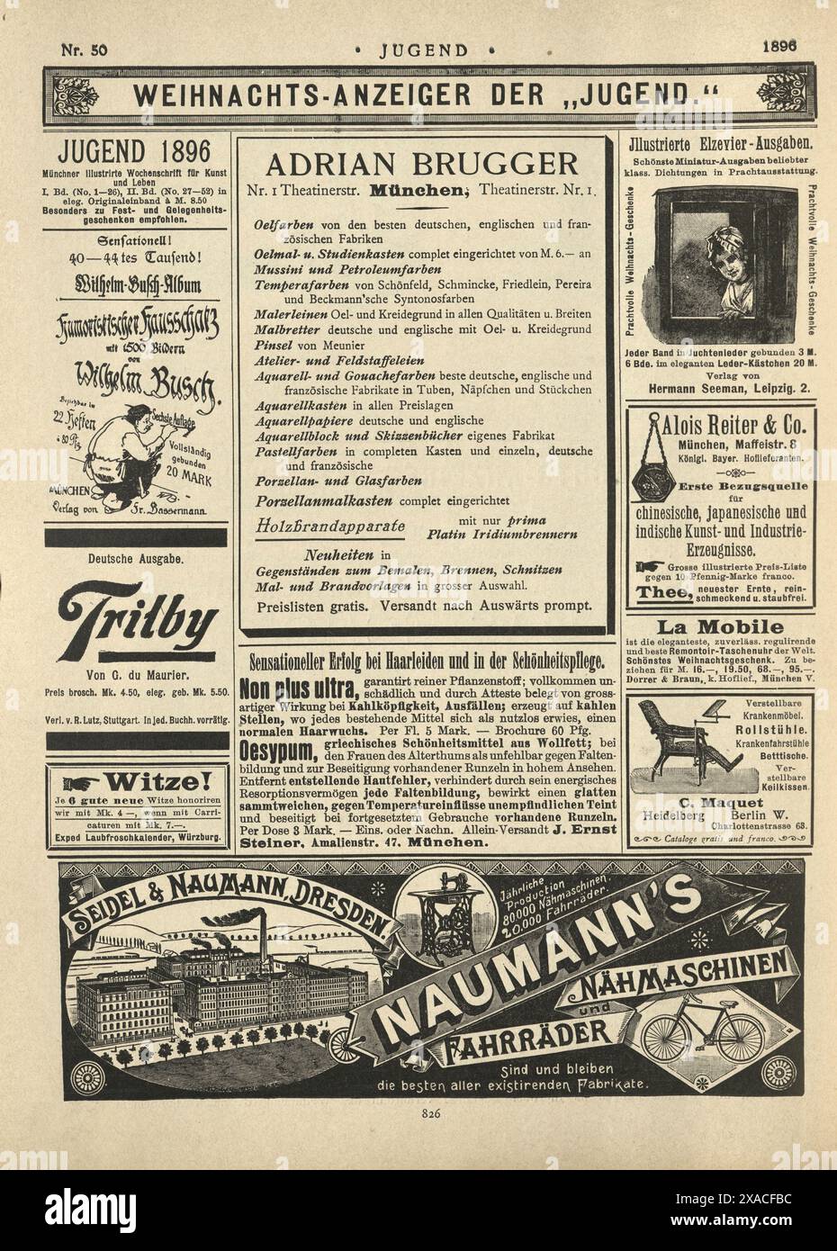 Naumann's factory, sewing machine, cycle, Page of old German newspaper ...