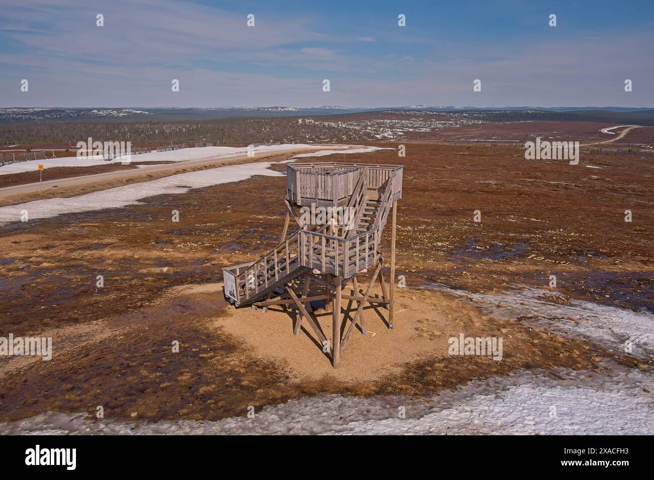 Aerial view of triangulation tower located on top of Kaunispää fell in ...