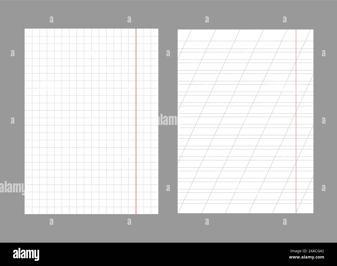 Set of notebook sheets isolated on gray background. Realistic white blanks of checkered and ...