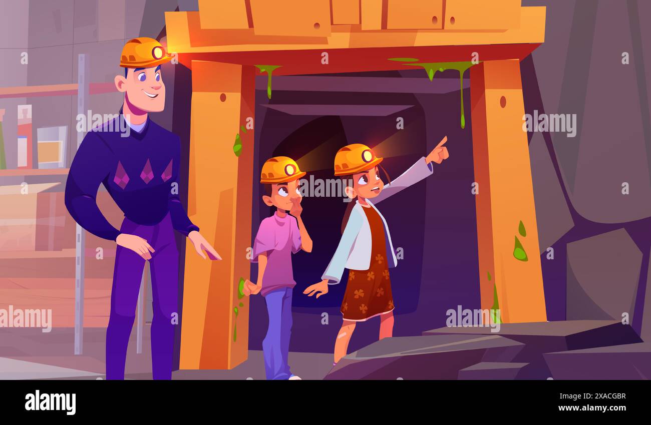 Father and kids exploring dungeon together. Vector cartoon illustration ...
