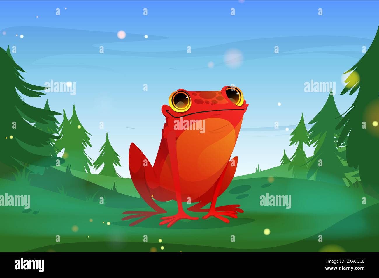 Cute red frog with smiling face and big yellow eyes sitting on lawn in ...