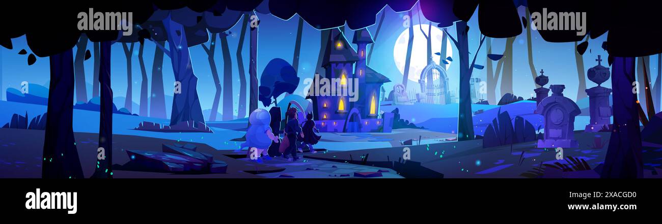 Kid friends in Halloween carnival costumes going to spooky house with ...