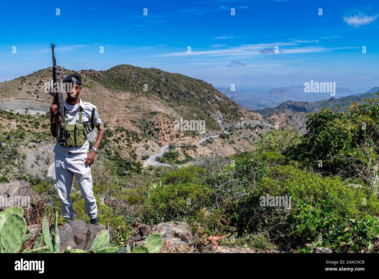 Armed guard and view over the Sheikh Mountains, Somaliland, Somalia ...