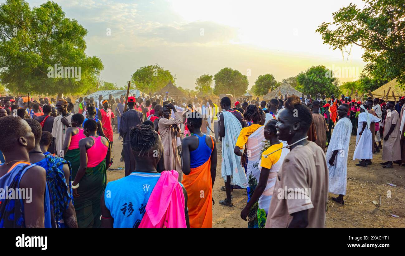 Crowds of locals at a traditional Dinka wedding, Bor, central region ...