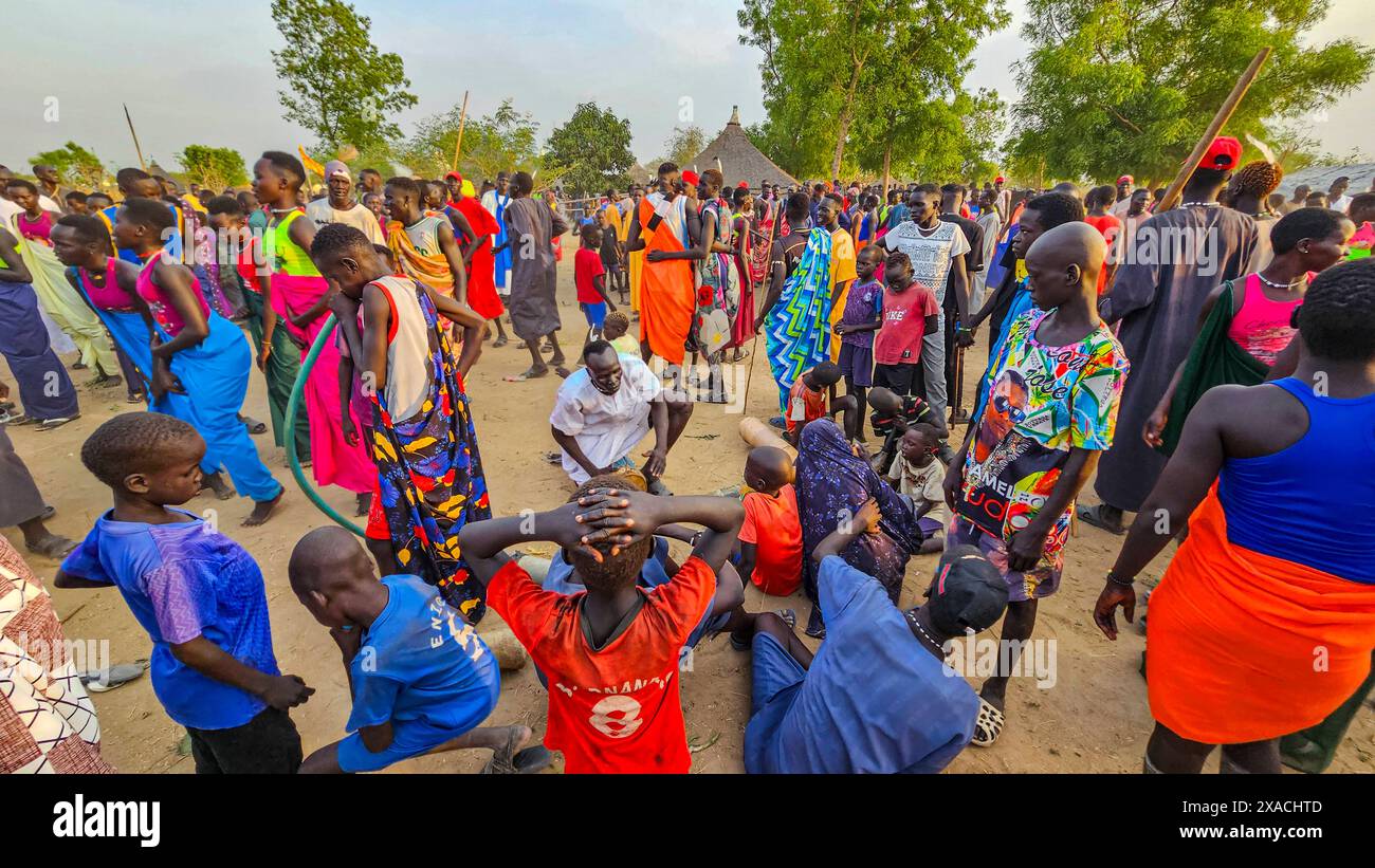 Crowds of locals at a traditional Dinka wedding, Bor, central region ...