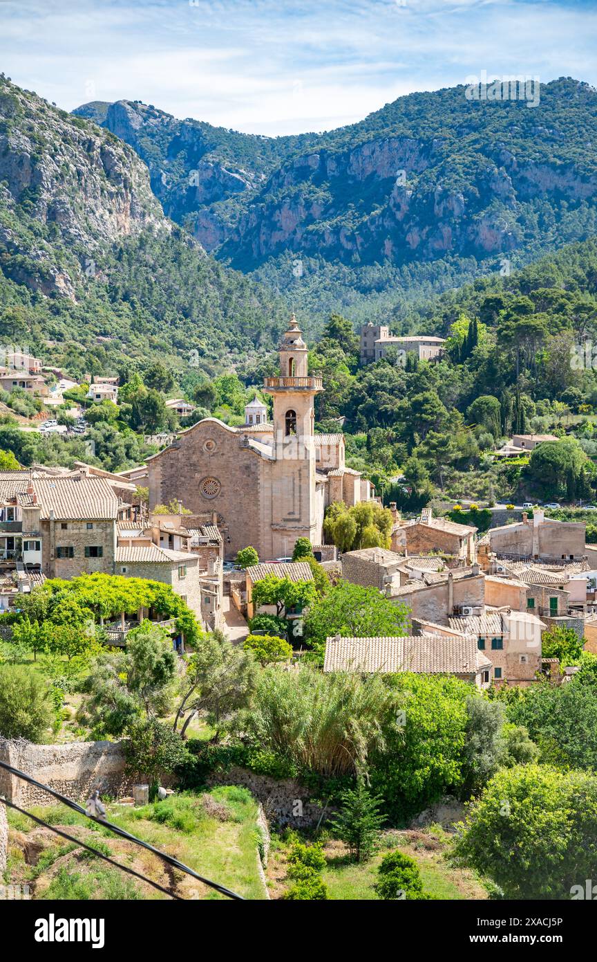 Cityscape of Valldemossa village with cathedral, Majorca during ...