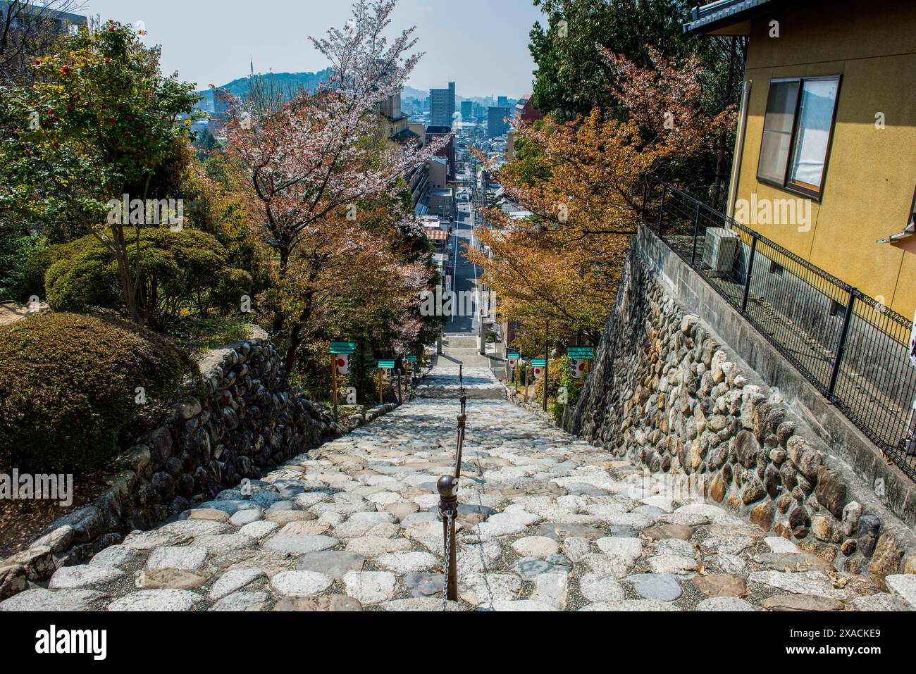 Steep steps leading to the Ishiteji Temple in Matsuyama, Shikoku, Japan ...